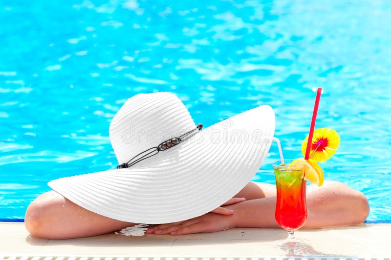 Woman in a Pool Hat Relaxing in a Blue Pool Stock Image - Image of ...