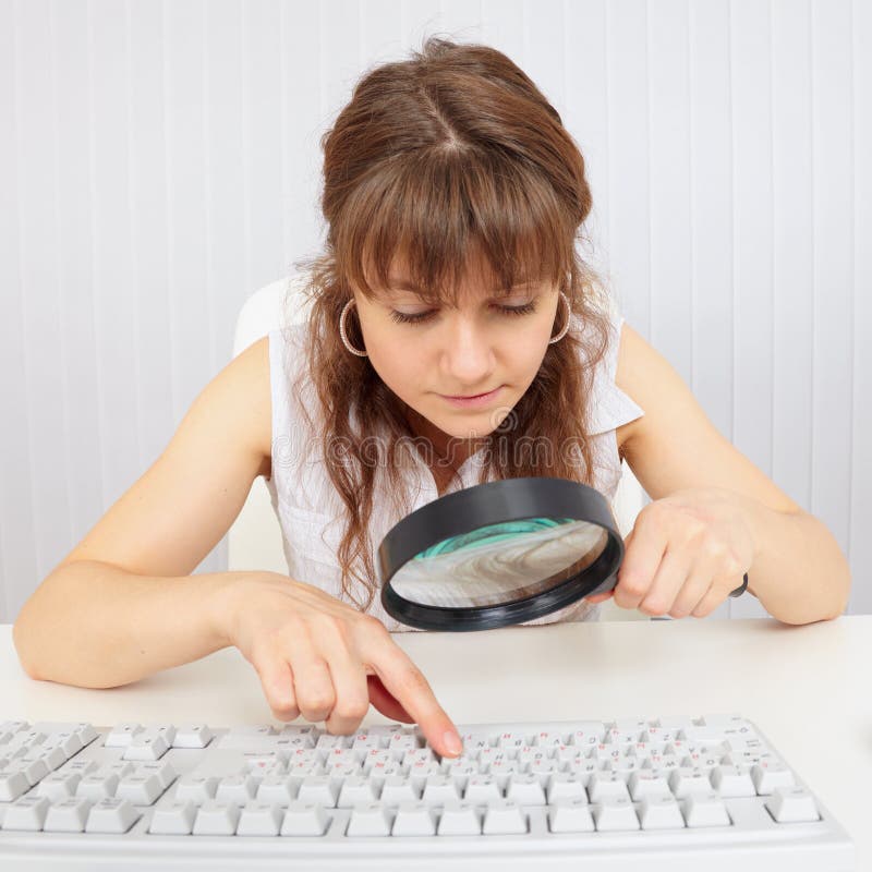 Girl with Poor Eyesight and Computer Keyboard Stock Photo - Image of ...