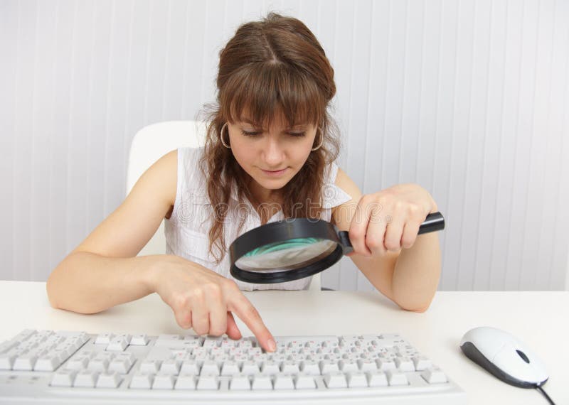Girl with Poor Eyesight Works on Keyboard Stock Photo - Image of beauty ...