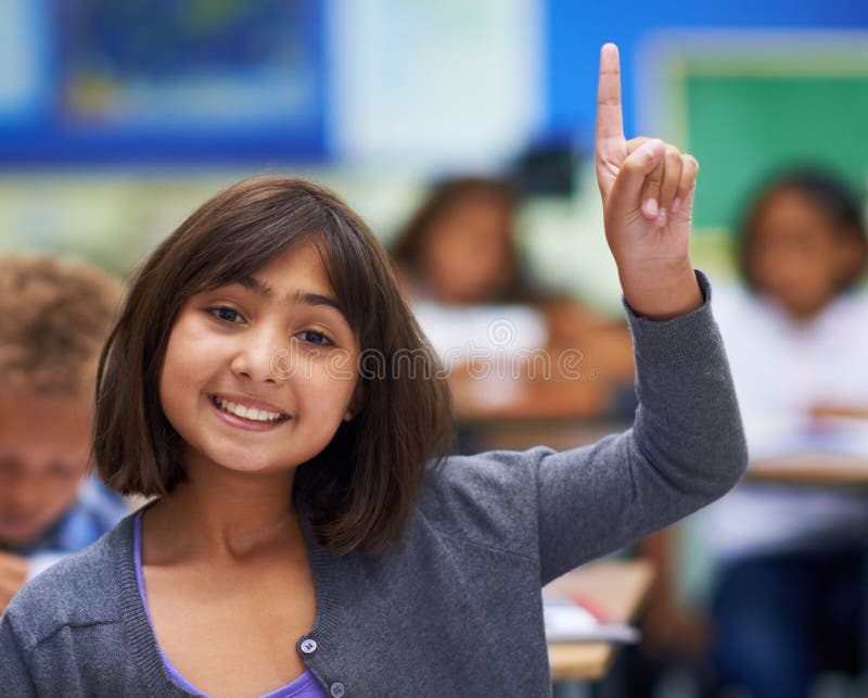 Girl, Portrait and Raise Hand in Classroom, Elementary School and ...
