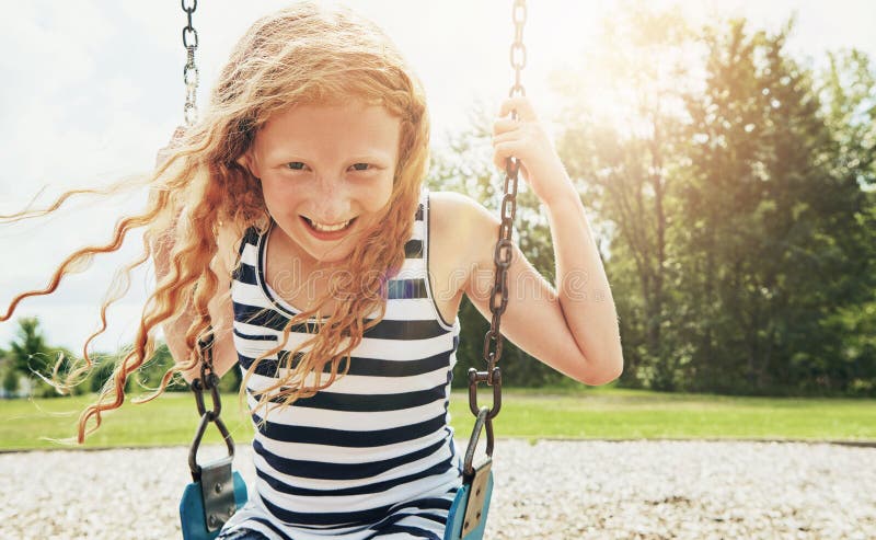 Girl Portrait And Smile With Park Swing And Nature For Outdoor Fun