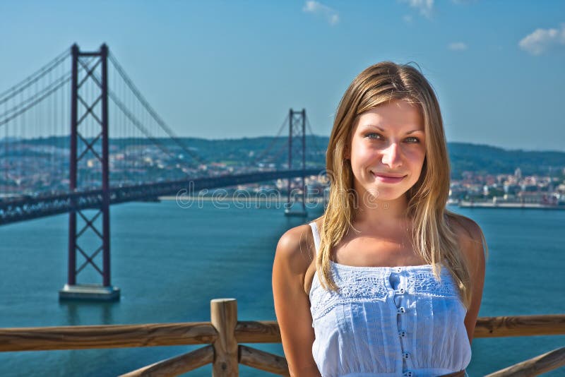 Girl Posing Against the Bridge in Lisbon Stock Photo - Image of summer ...