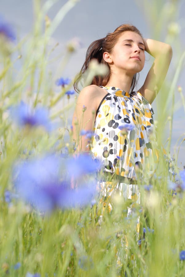 Girl Posing in Field of Flowers Stock Photo - Image of caucasian ...