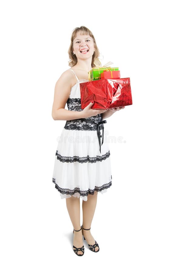 Girl with Present Boxes Over White Stock Photo - Image of pretty ...