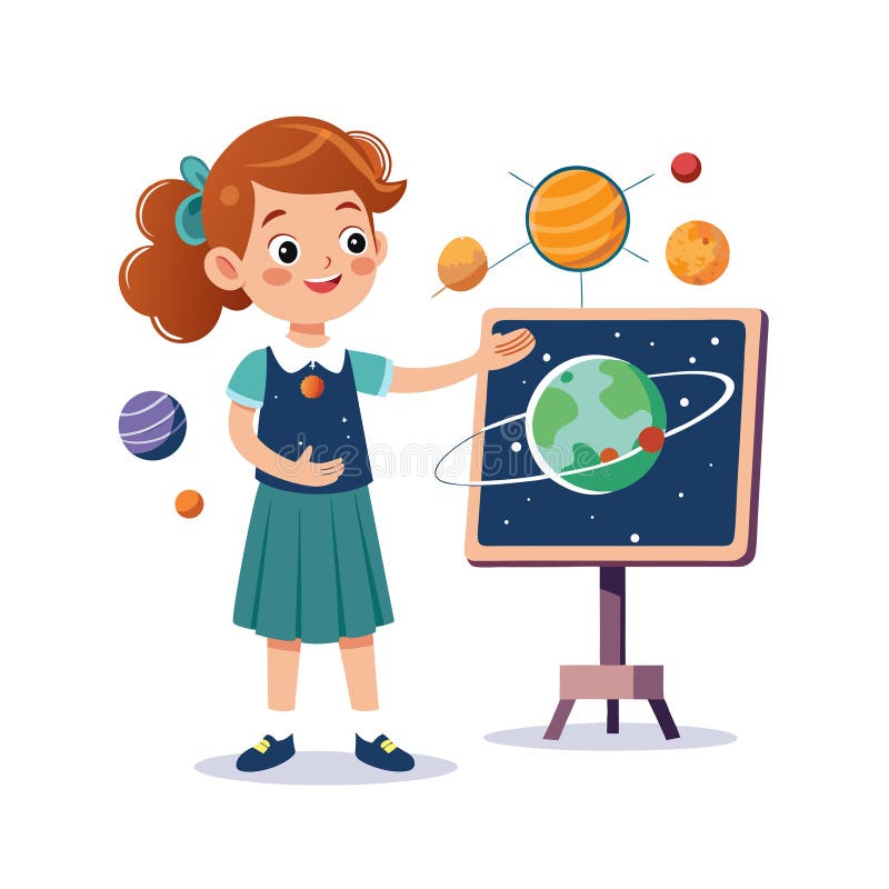 Girl Presenting Solar System Diagram on Board, Learning about Space ...