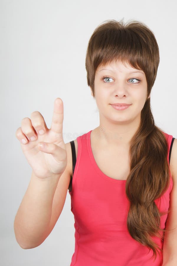 Girl presses the button stock photo. Image of future - 18514494