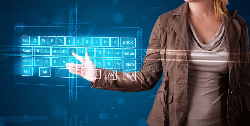 Girl Pressing Virtual Type of Keyboard Stock Image - Image of high ...