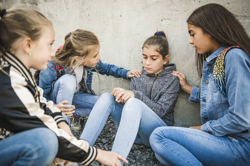 Girl Problem at School, Sitting and Consoling Child Each Other Stock ...