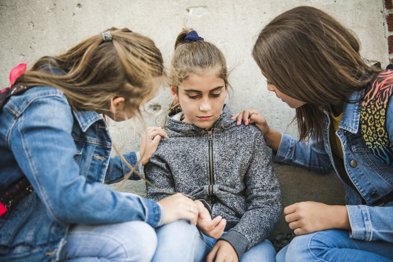Girl Problem at School, Sitting and Consoling Child Each Other Stock ...