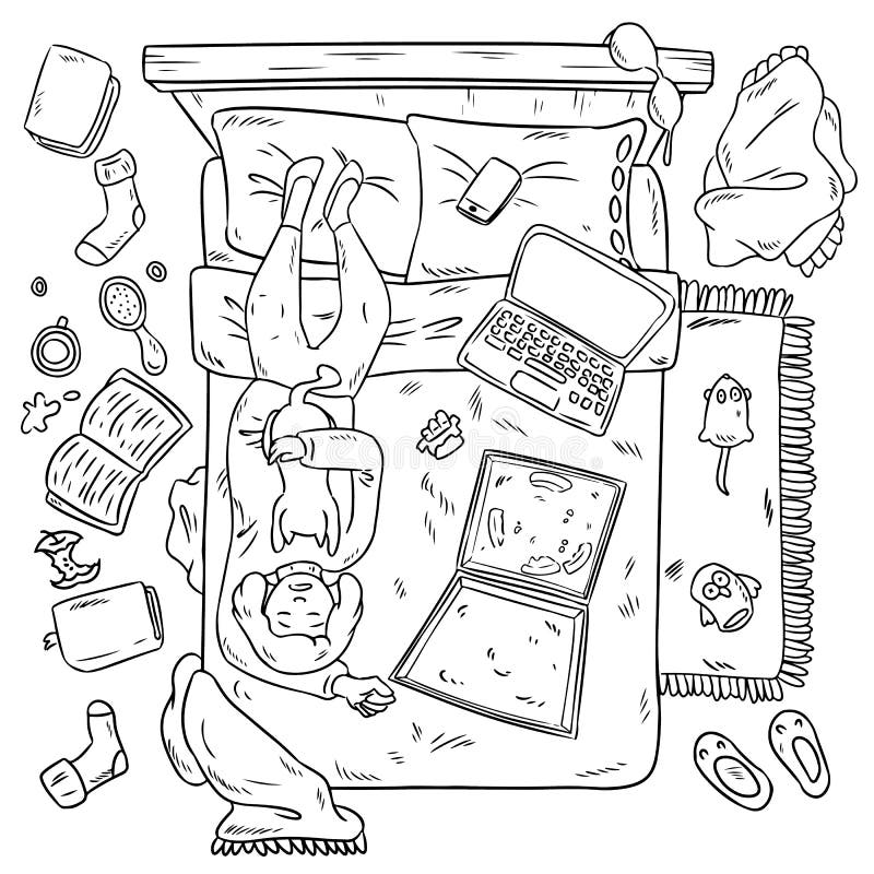 Girl Procrastinating on the Bed. Big Mess at Home. Comic Style Image ...