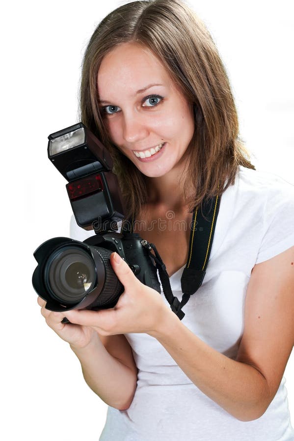 Girl with Professional Digital Camera Isolated on White Background ...