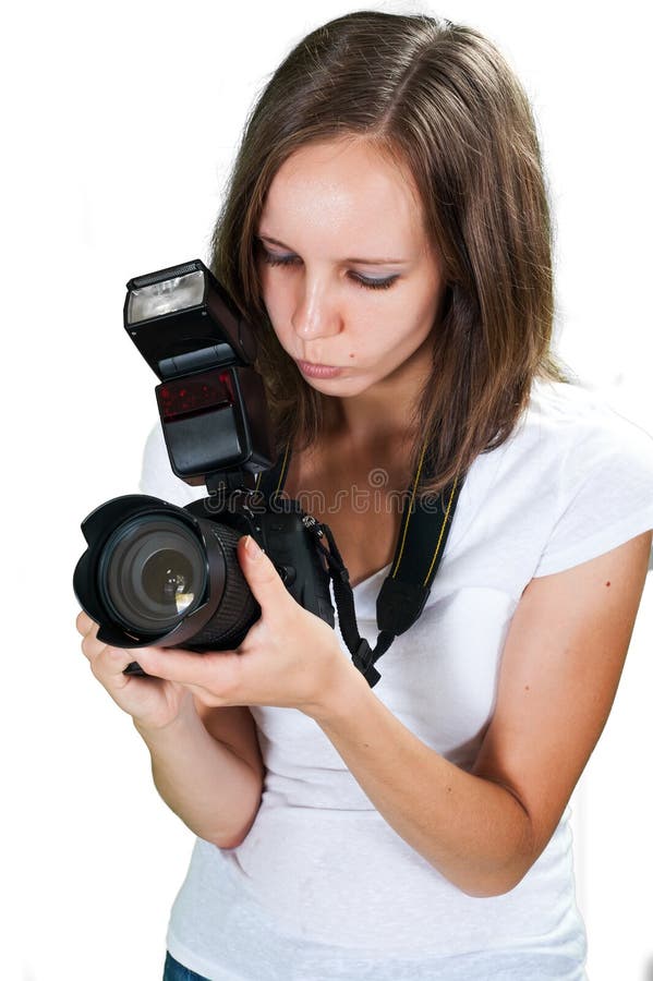 Girl with Professional Digital Camera Isolated on White Background ...