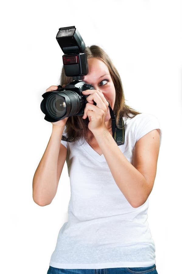 Girl with Professional Digital Camera Isolated on White Background ...