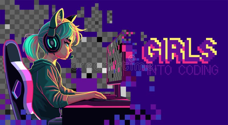 Girl Programmer with a Headset Sits in Front of a Computer Stock Vector ... Girl Programmer with a Headset Sits in Front of a Computer Stock Vector ...