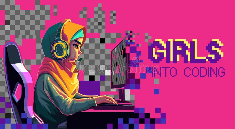 Girl Programmer with a Headset Sits in Front of a Computer Stock Vector ... Girl Programmer with a Headset Sits in Front of a Computer Stock Vector ...