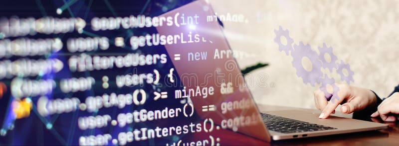 Girl Programmer At Home Writes Programming Code Script On Virtual Screen Stock Image Image Of