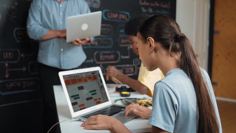 Girl Programming or Coding System while African Boy Fixing Model ...