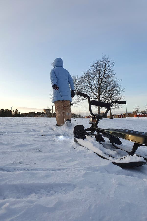 Girl Pulling Sleigh in Snow in Sunset Stock Image - Image of snowy ...
