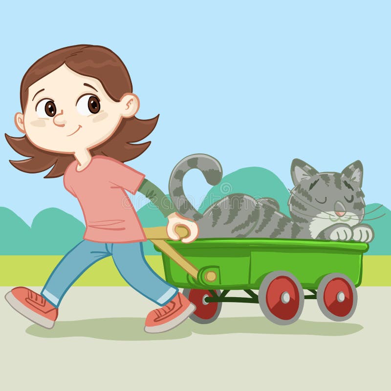 Girl pulls a cart with cat stock vector. Illustration of love - 247790737