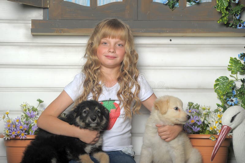 Girl with puppies stock image. Image of love, courtyard - 34128871