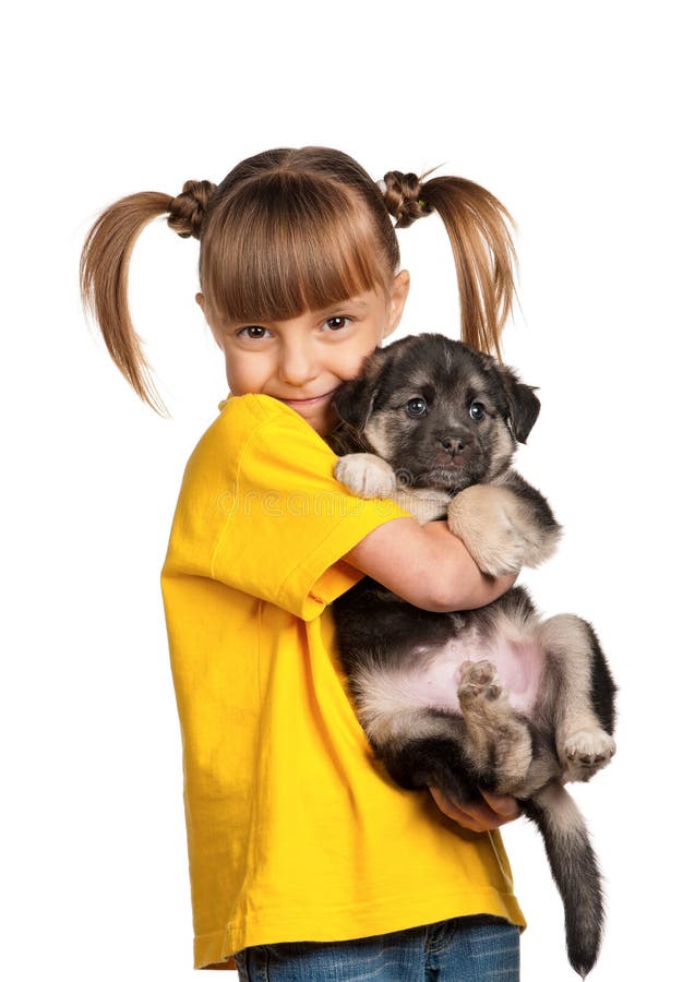 Little Girl with Red Puppy Isolated on White Background. Kid Pet ...