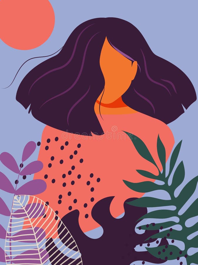 A Woman With Purple Flowing Hair Is In Nature Among Tropical Leaves Is