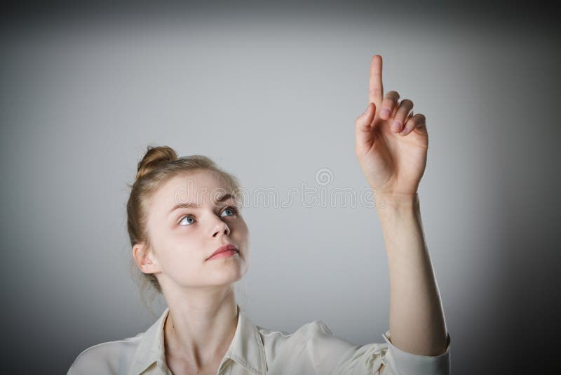 Girl Pushing the Button. Innovative Technology Concept Stock Photo ...