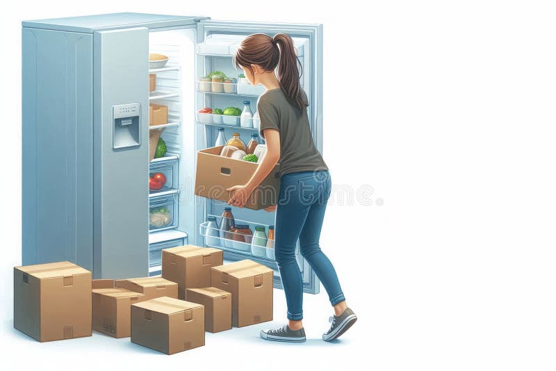 The Girl Puts Food in the Refrigerator. Space for Text. Stock Photo ...