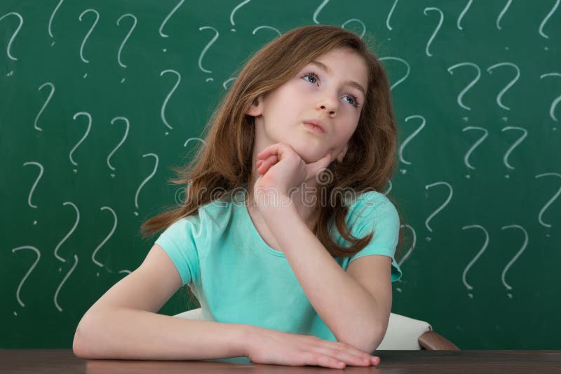 Girl with Question Mark Drawn on the Chalkboard Stock Photo - Image of ...