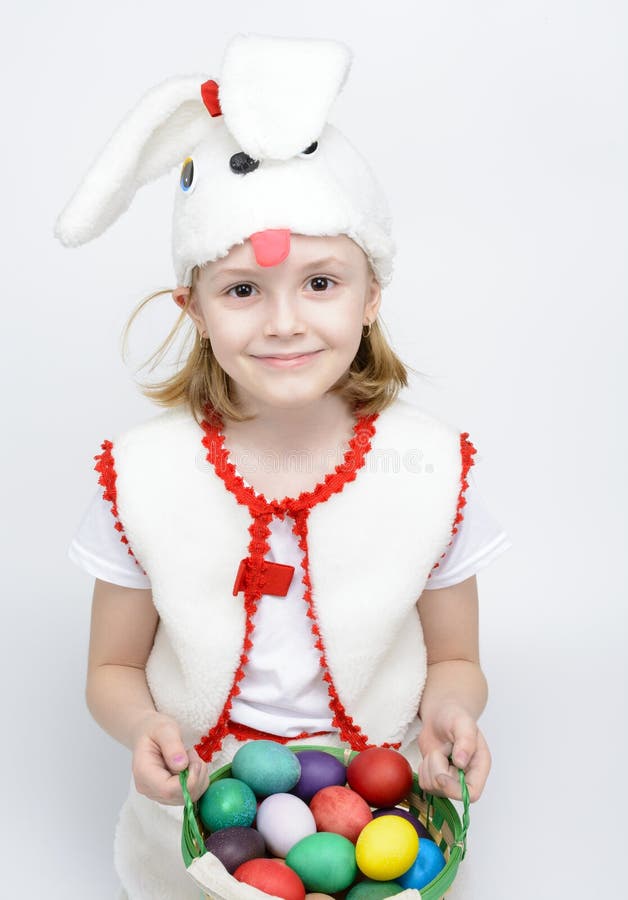 Girl in Rabbit Costume with a Basket of Easter Eggs Stock Photo - Image ...
