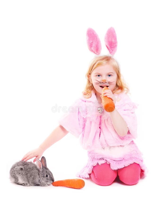 Girl With Rabbit Isolated On White Stock Image - Image of cute, eating ...