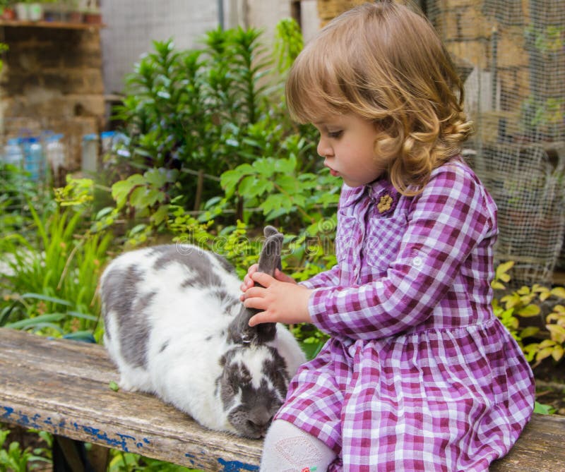Girl and rabbit stock photo. Image of female, stroking - 71198764