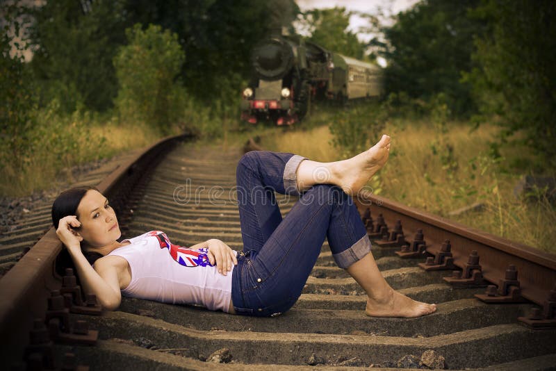 The girl on rails stock image. Image of railing, asphalt - 25916399