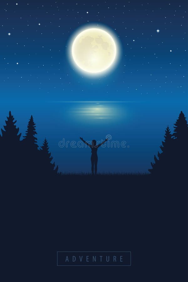 Girl with Raised Arm Enjoy the Full Moon by Lake Stock Vector ...