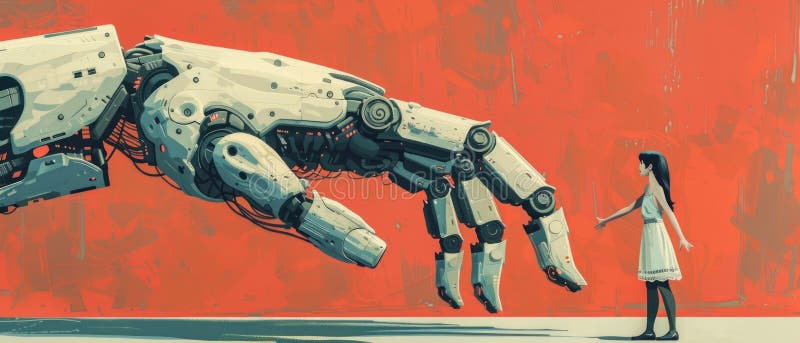 A Girl Reaching for a Robot Hand Stock Photo - Image of metallic ...