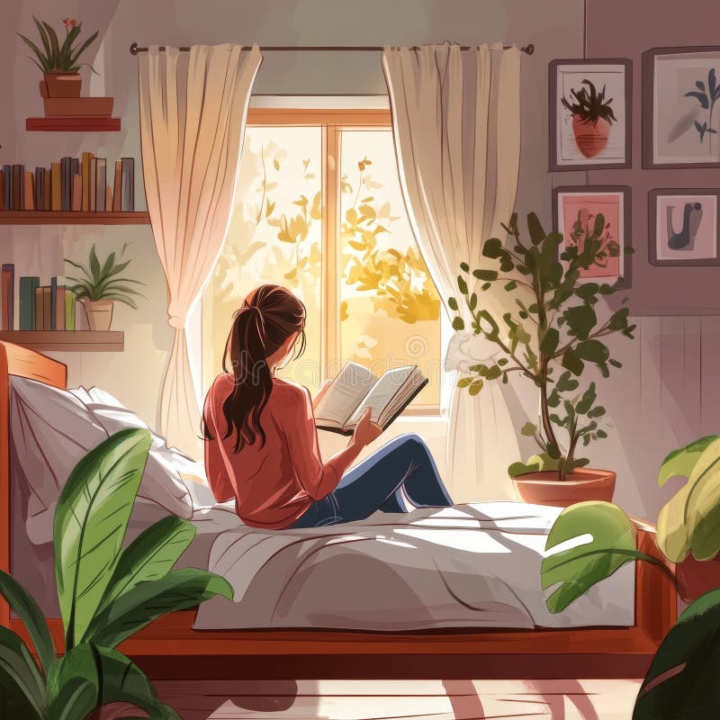 Girl Reading a Book on the Bed in the Morning. Vector Illustration ...