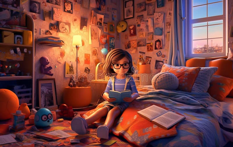 A Girl Reading a Book in Her Room Stock Illustration - Illustration of ...