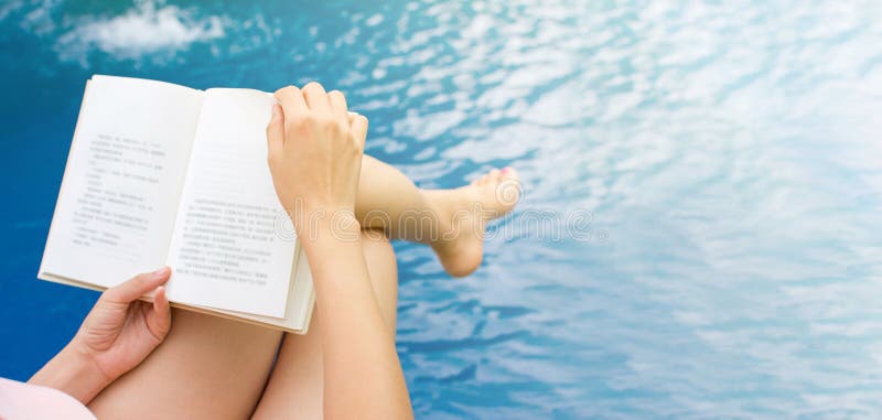 Girl Reading a Book by the Pool Stock Photo - Image of blue, relaxing ...