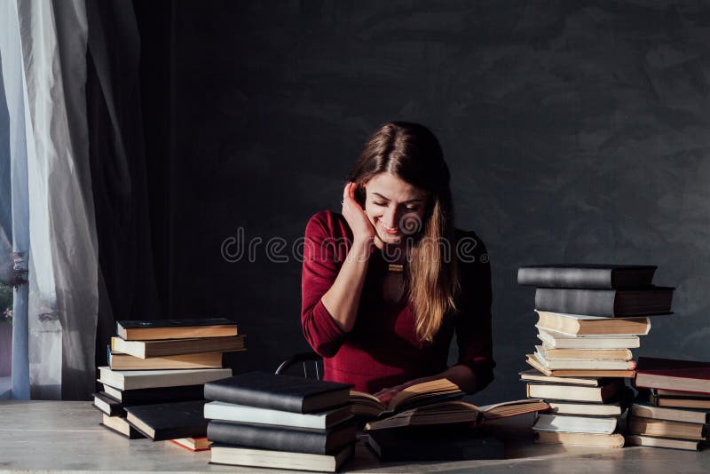 Girl Reading Book Prepares for the Exam in the Library Stock Image ...