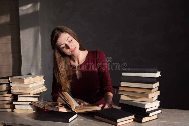 Girl Reading Book Prepares for the Exam in the Library Stock Image ...
