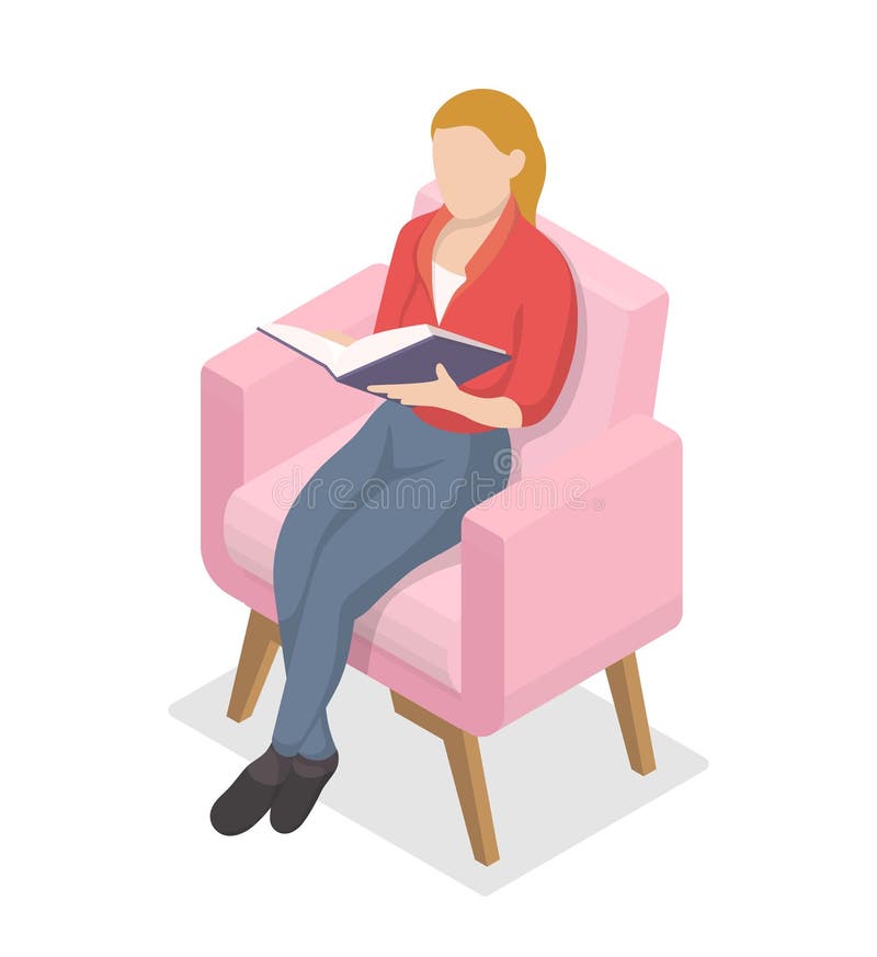 Girl Reading A Book Sitting In A Chair Isometric Vector Stock