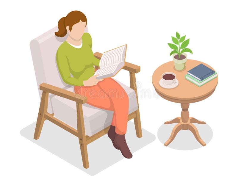 Girl Is Reading A Book Sitting On A Chair Near A Round Table Isometric