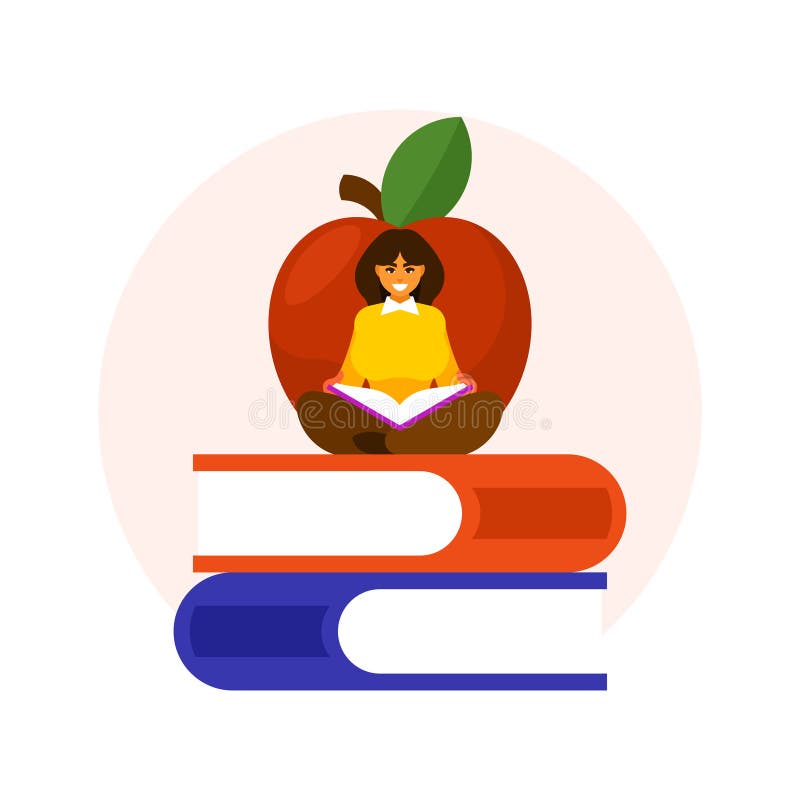 Girl Reading Book on a Stack of Books Vector Illustration in Flat Style ...