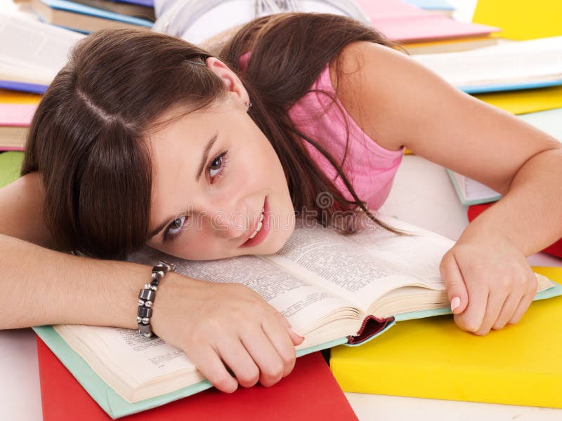 Girl Reading Book on Table. Stock Photo - Image of childhood ...