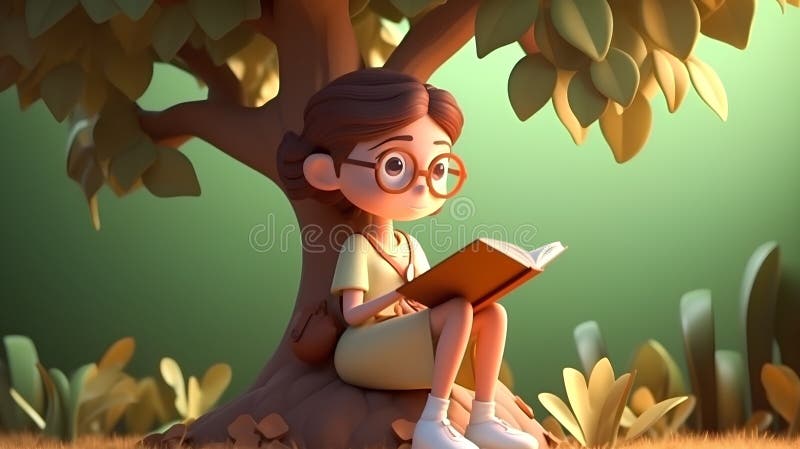 Girl Reading a Book Under a Tree. 3d Rendered Illustration Stock ...