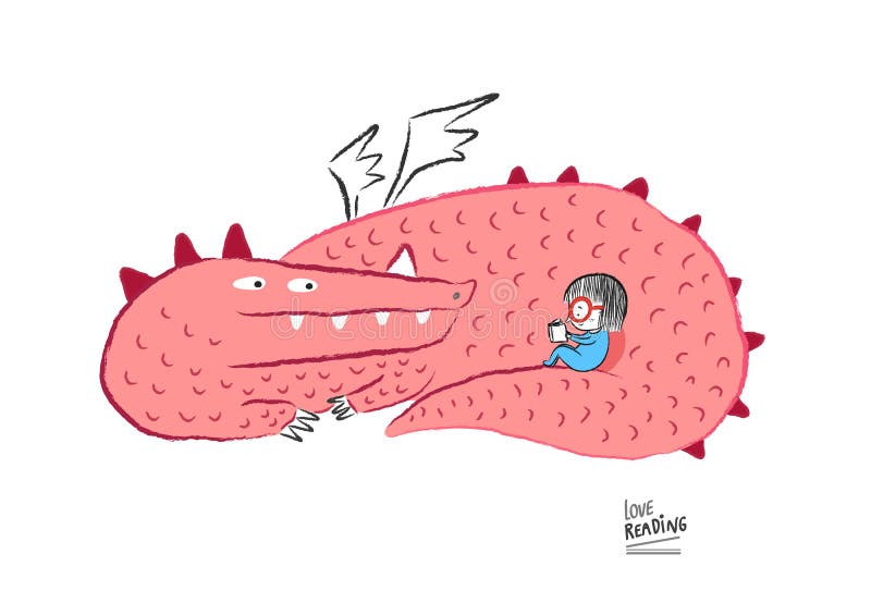 Girl reading with a Dragon stock vector. Illustration of design - 241387772