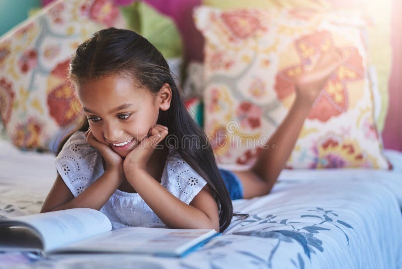 Girl Reading Happy Book Bed Language Study Creative Development Fiction ...