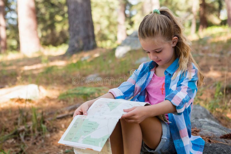 Girl Reading the Map in the Forest Stock Image - Image of countryside ...