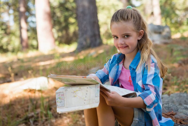 Girl Reading the Map in the Forest Stock Image - Image of caucasian ...