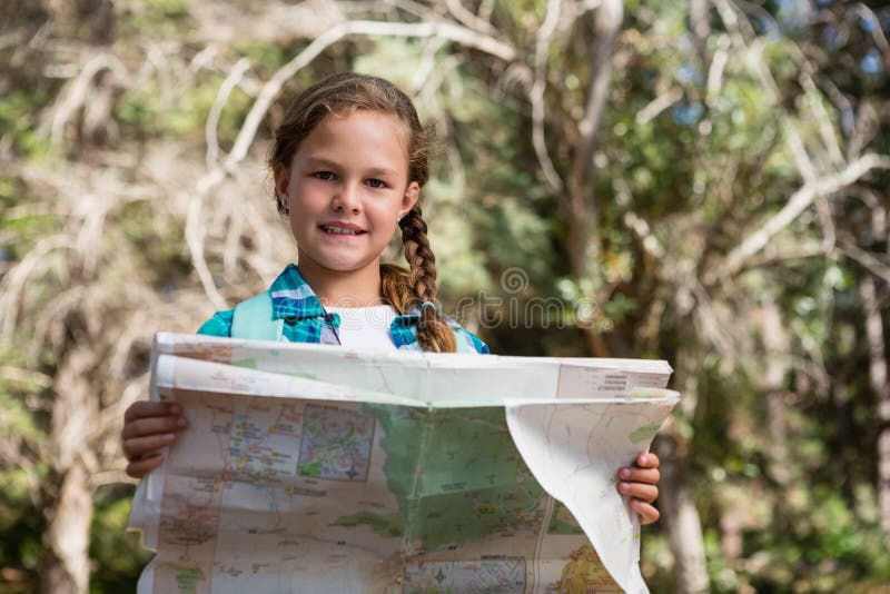 Girl Reading the Map in the Forest Stock Image - Image of female ...